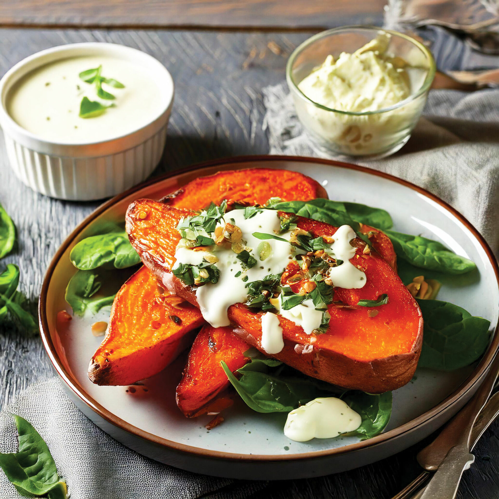 Geroosterde aardappel, spinazie en yoghurtsaus - Louis Delhaize